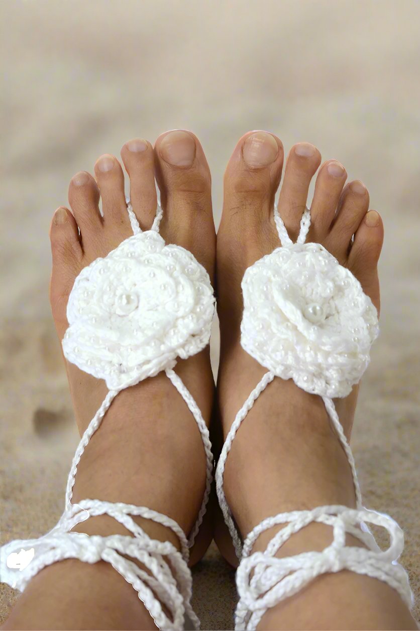 Aura White Rose Beach Wedding Barefoot Sandals | Soleless Sandals